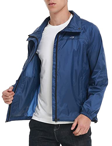 KPSUN Men's Rain Jackets Waterproof Lightweight Windbreaker Packable Cycling Running Raincoats with Removable Hood (Blue XXL)