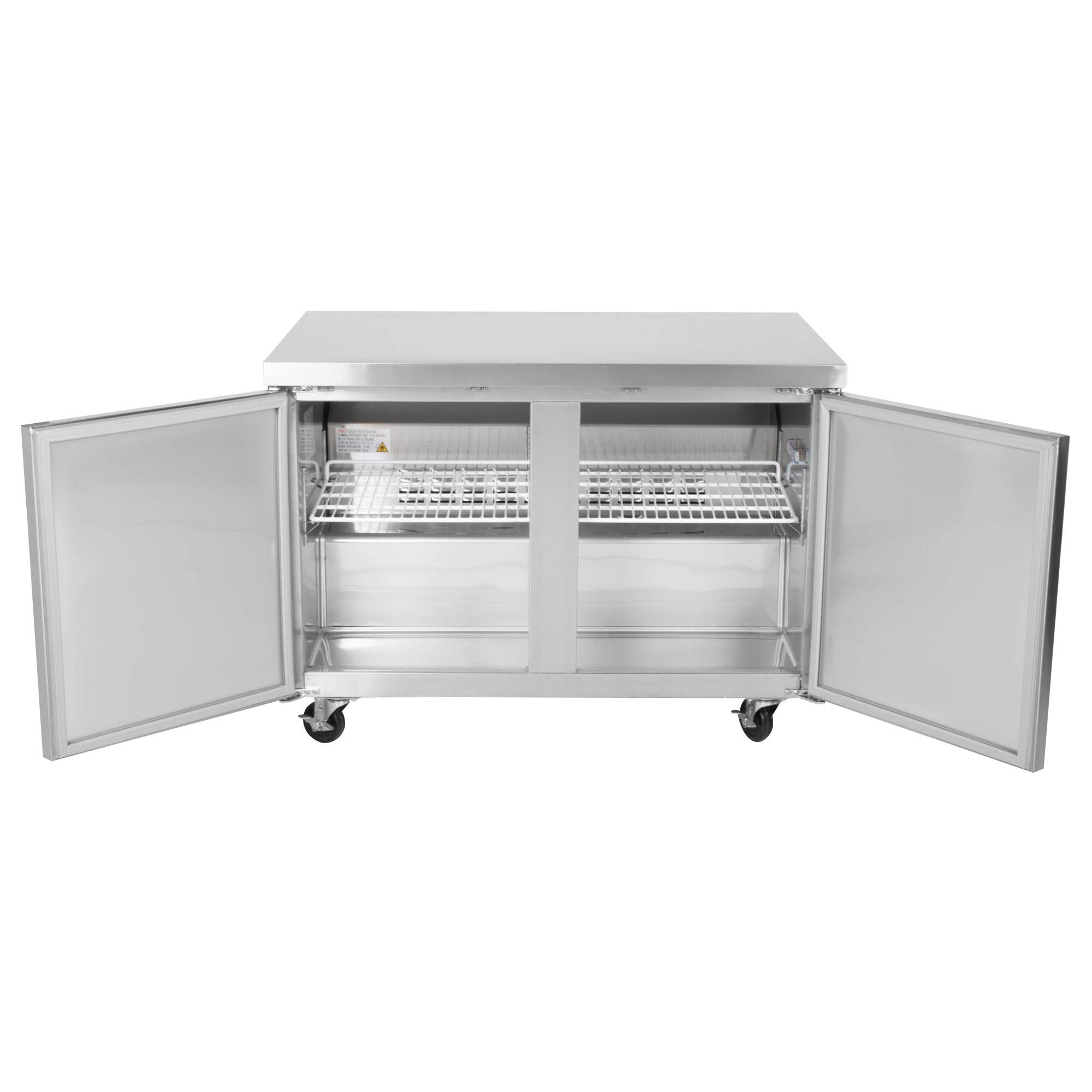 Commercial Grade Under Counter Freezer | Stainless Steel | 2 Doors | Heavy Duty Casters | Digital Temperature Controller | Automatic Defrost | 47.25” x 29.5” x 34” | R-290 Natural Refrigerant