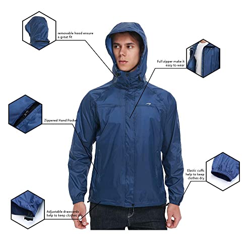 KPSUN Men's Rain Jackets Waterproof Lightweight Windbreaker Packable Cycling Running Raincoats with Removable Hood (Blue XXL)