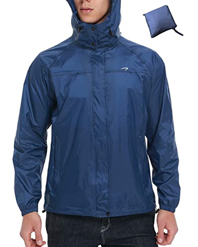 KPSUN Men's Rain Jackets Waterproof Lightweight Windbreaker Packable Cycling Running Raincoats with Removable Hood (Blue XXL)