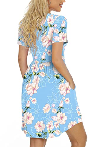 LONGYUAN Woman Casual Swing Sundresses Short Sleeve Loose Beach Dresses with Pockets Floral Small