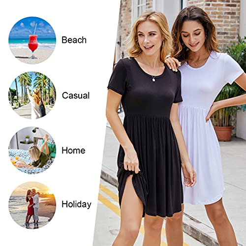 LONGYUAN Woman Casual Swing Sundresses Short Sleeve Loose Beach Dresses with Pockets Floral Small