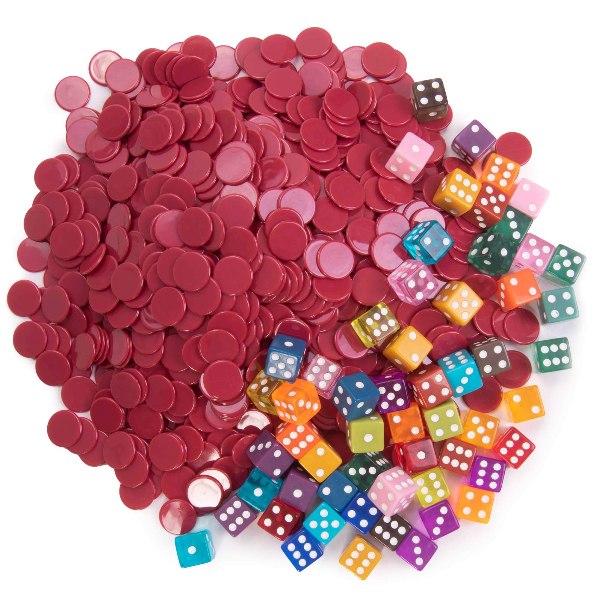 Learning to Count Bundle - 1,000 Opaque Bingo Chips & 50 Vintage Dice, 16mm - Classic Game Pieces in Bulk for STEM Education & Learning Games - Color Matching, Sorting Toys & Classroom Activities