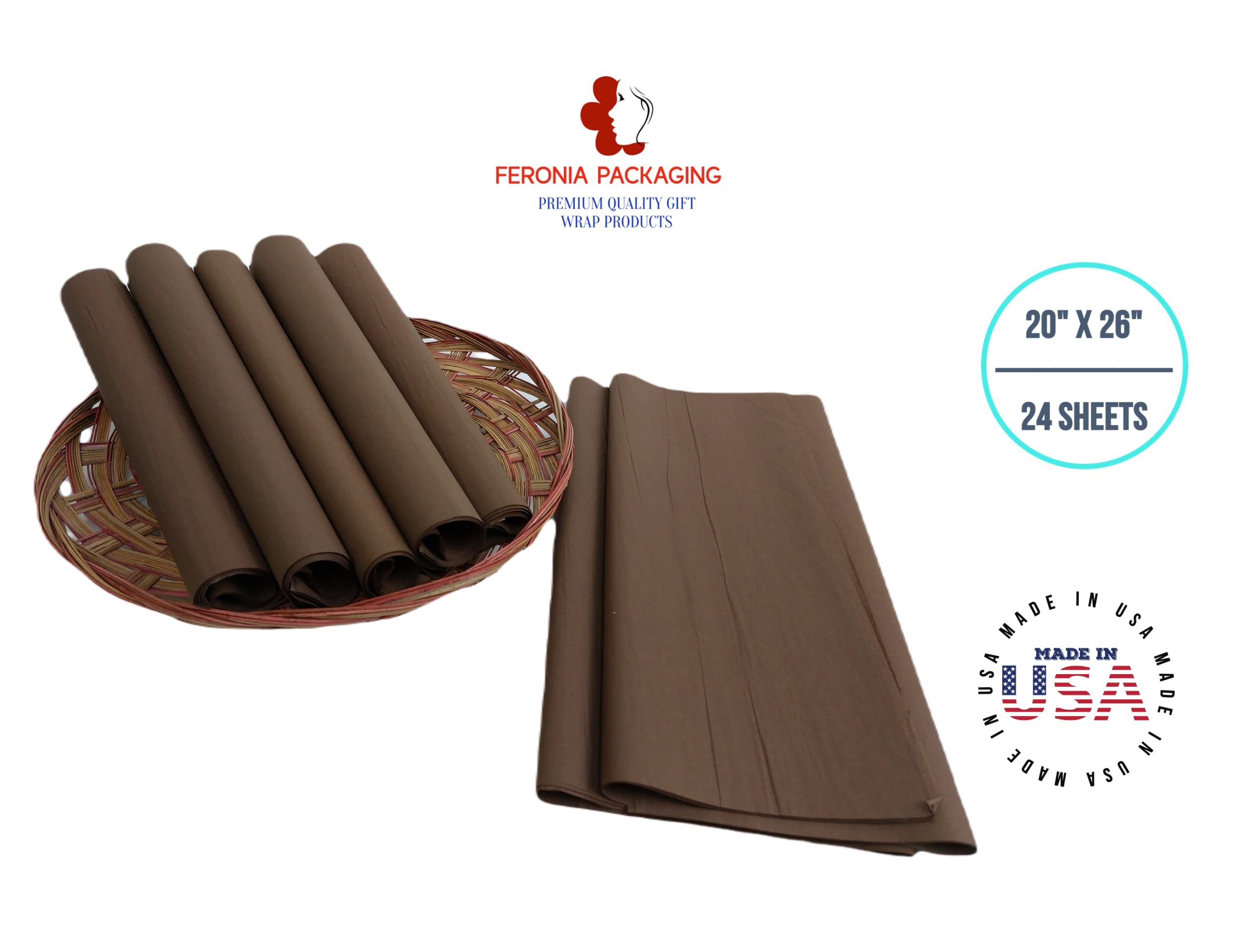 Chocolate Tissue Paper Squares, Bulk 24 Sheets, Premium Gift Wrap and Art Supplies for Birthdays, Holidays, or Presents by Feronia packaging, Large 20 Inch x 26 Inch