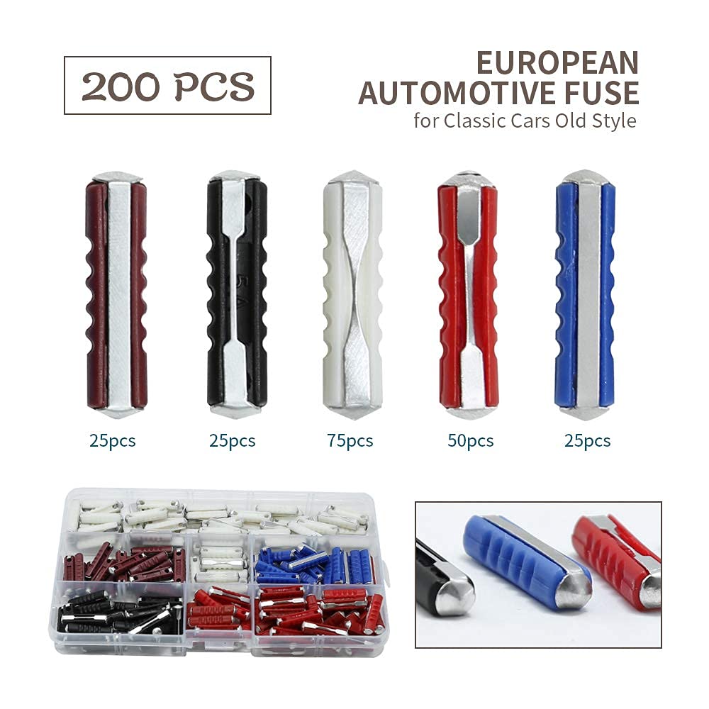 Car Fuses Torpedo Type European for Classic Cars Old Style 5A 8A 16A 25A 40A (200Pcs)