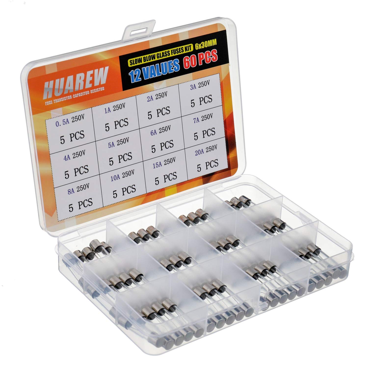 HUAREW 12 Values 60 Pcs 6x30 mm Slow Blow Glass Fuse 0.24x1.18 Inch 250 V Volt T 0.5 1 2 3 4 5 6 7 8 10 15 20 A amp Assortment Kit