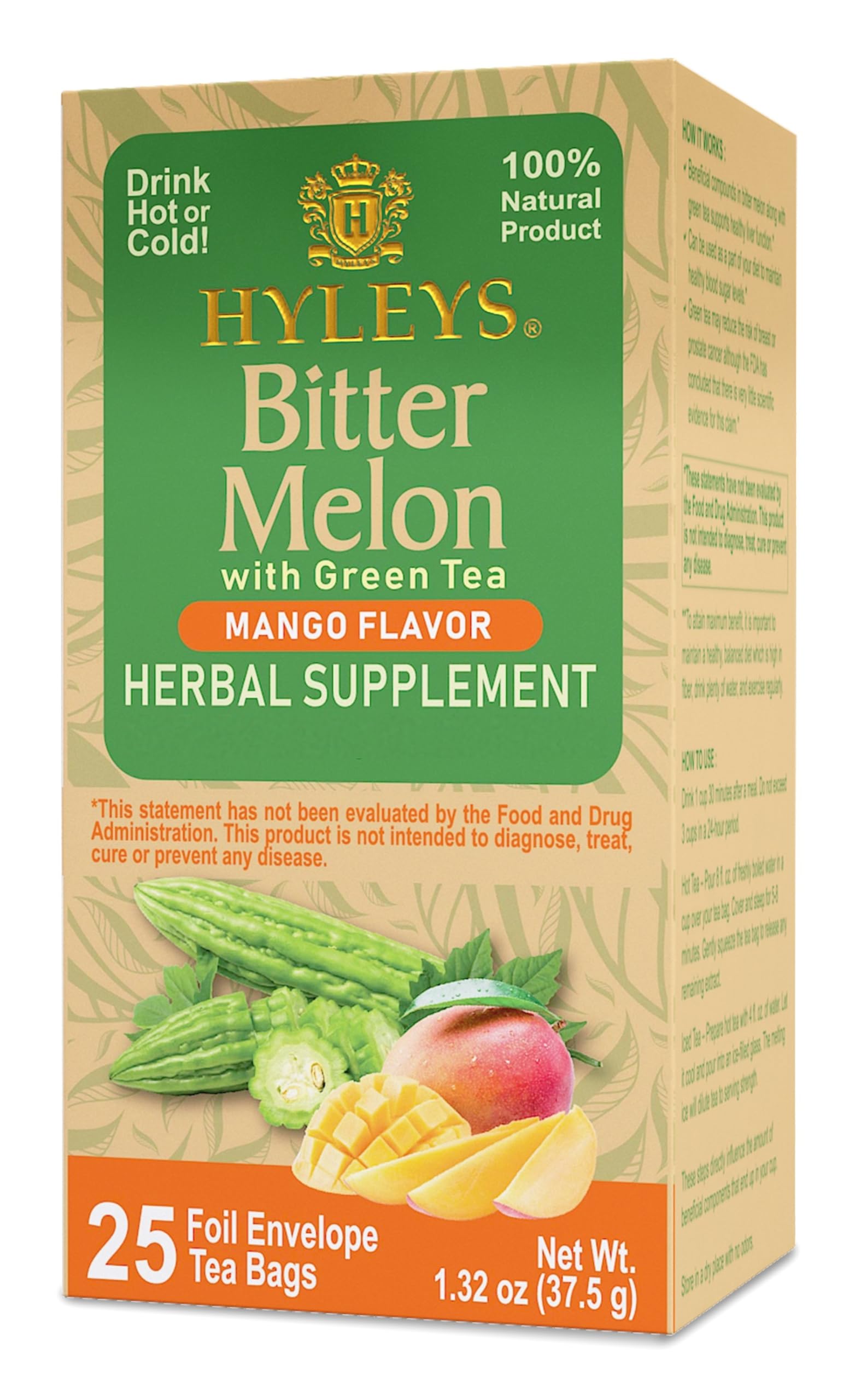 Hyleys Bitter Melon with Green Tea - Mango Flavor - 25 Tea Bags - Supports Healthy Liver Function - Herbal Supplement