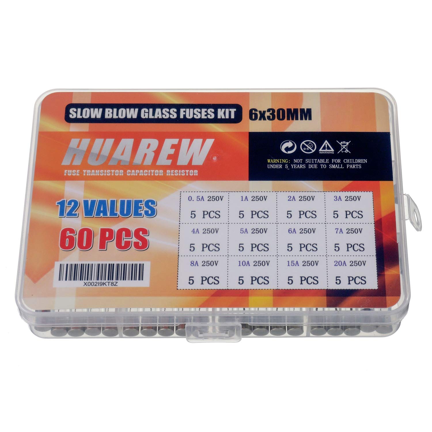 HUAREW 12 Values 60 Pcs 6x30 mm Slow Blow Glass Fuse 0.24x1.18 Inch 250 V Volt T 0.5 1 2 3 4 5 6 7 8 10 15 20 A amp Assortment Kit