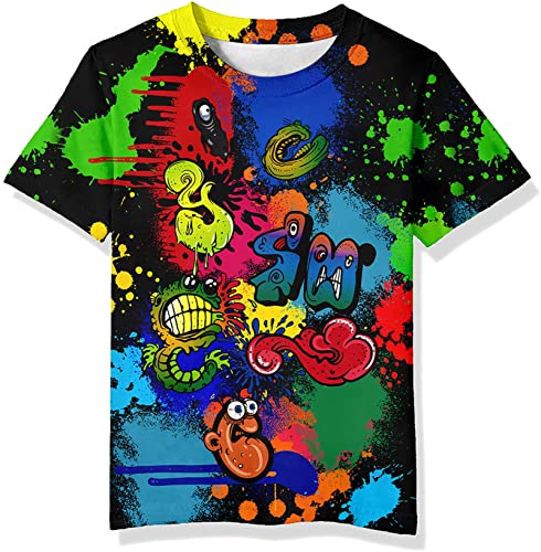 Neemanndy Paint Splatter Shirt for Boy Girl 3D Animal Print Graphic Tees Kids Colorful Anime T-Shirt, 8-10 Years