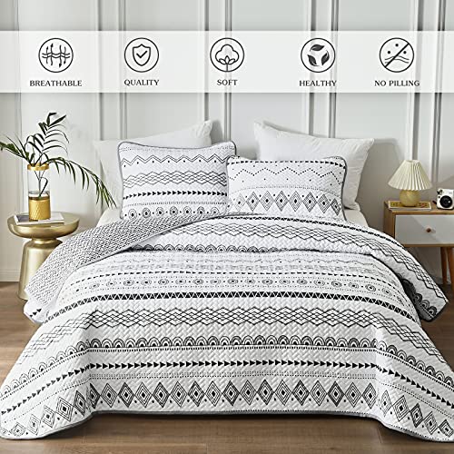 Flysheep 3-Piece Bohemian Geometric King Quilt Set, Aztec White n Black Boho Striped Summer Lightweight Bedspread/Coverlet Set, Brushed Microfiber for All Season - 104" x 90"