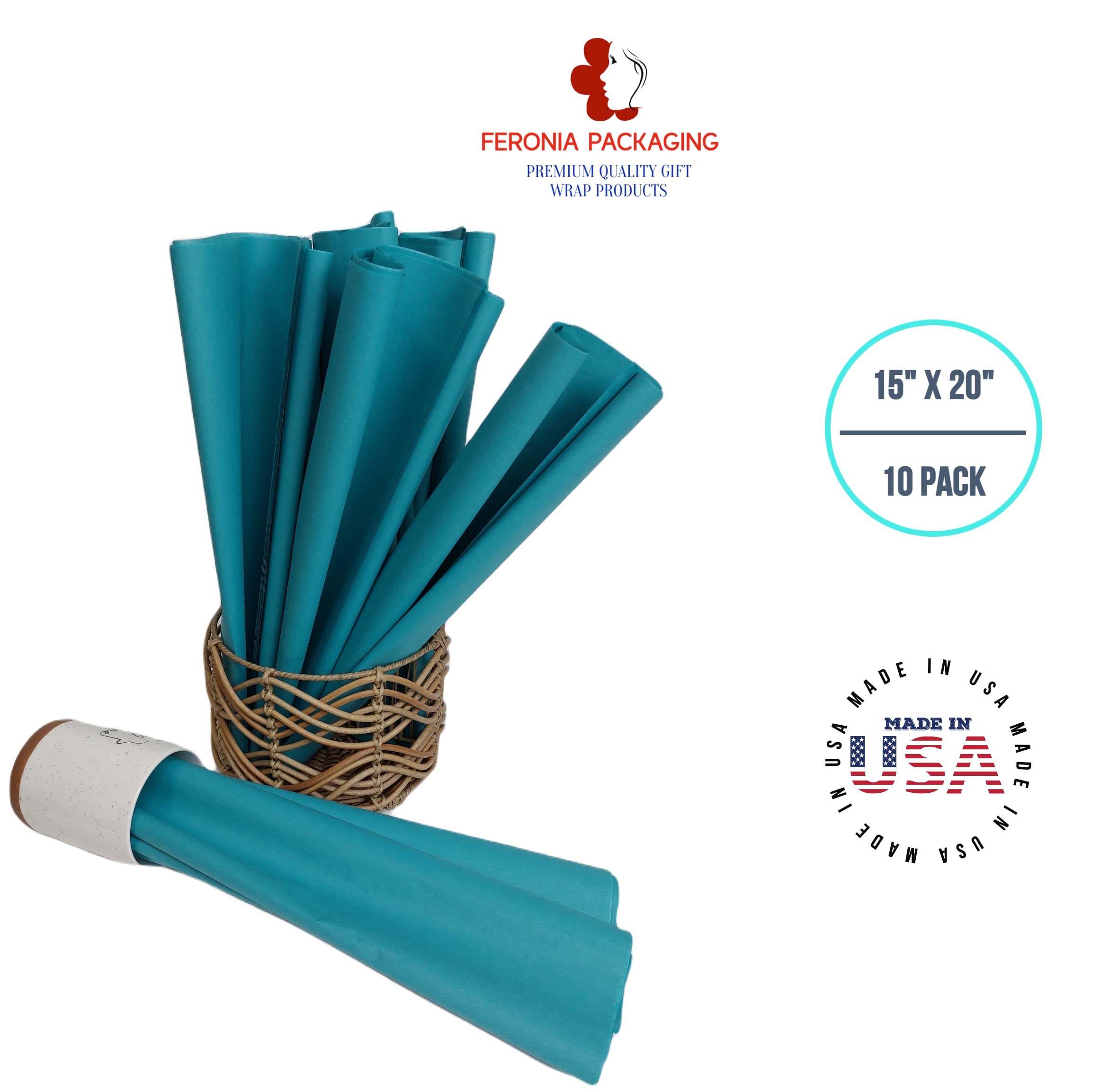 Feronia packaging Caribbean Teal Tissue Paper Squares, Bulk 10 Sheets, Premium Gift Wrap and Art Supplies for Birthdays, Holidays, or Presents, Large 15 Inch x 20 Inch Made in USA