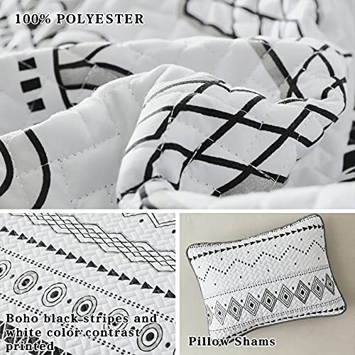 Flysheep 3-Piece Bohemian Geometric King Quilt Set, Aztec White n Black Boho Striped Summer Lightweight Bedspread/Coverlet Set, Brushed Microfiber for All Season - 104" x 90"