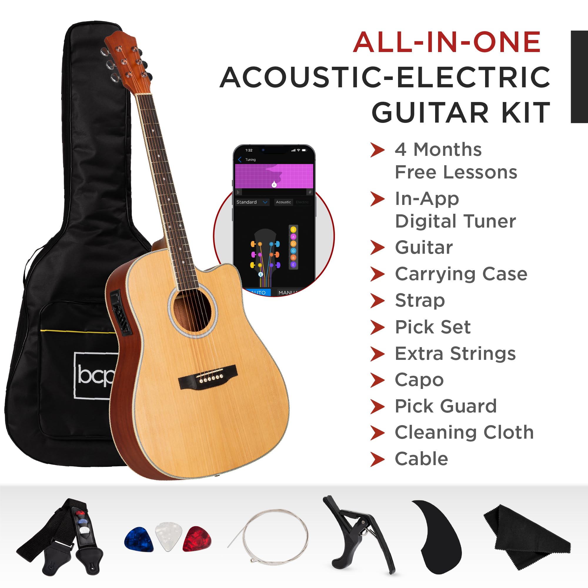 Best Choice Products Beginner Acoustic Electric Guitar Starter Set 41in w/All Wood Cutaway Design, Carrying Case, Strap, Picks, Cable - Natural