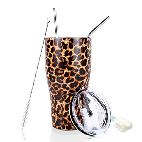 BR JUNKER 30 oz. Tumbler Double Wall Stainless Steel Vacuum Insulation Travel Mug with Crystal Clear Lid and Straw, Water Coffee Cup for Home,Office,School, Ice Drink, Hot Beverage,Leopard,Slim