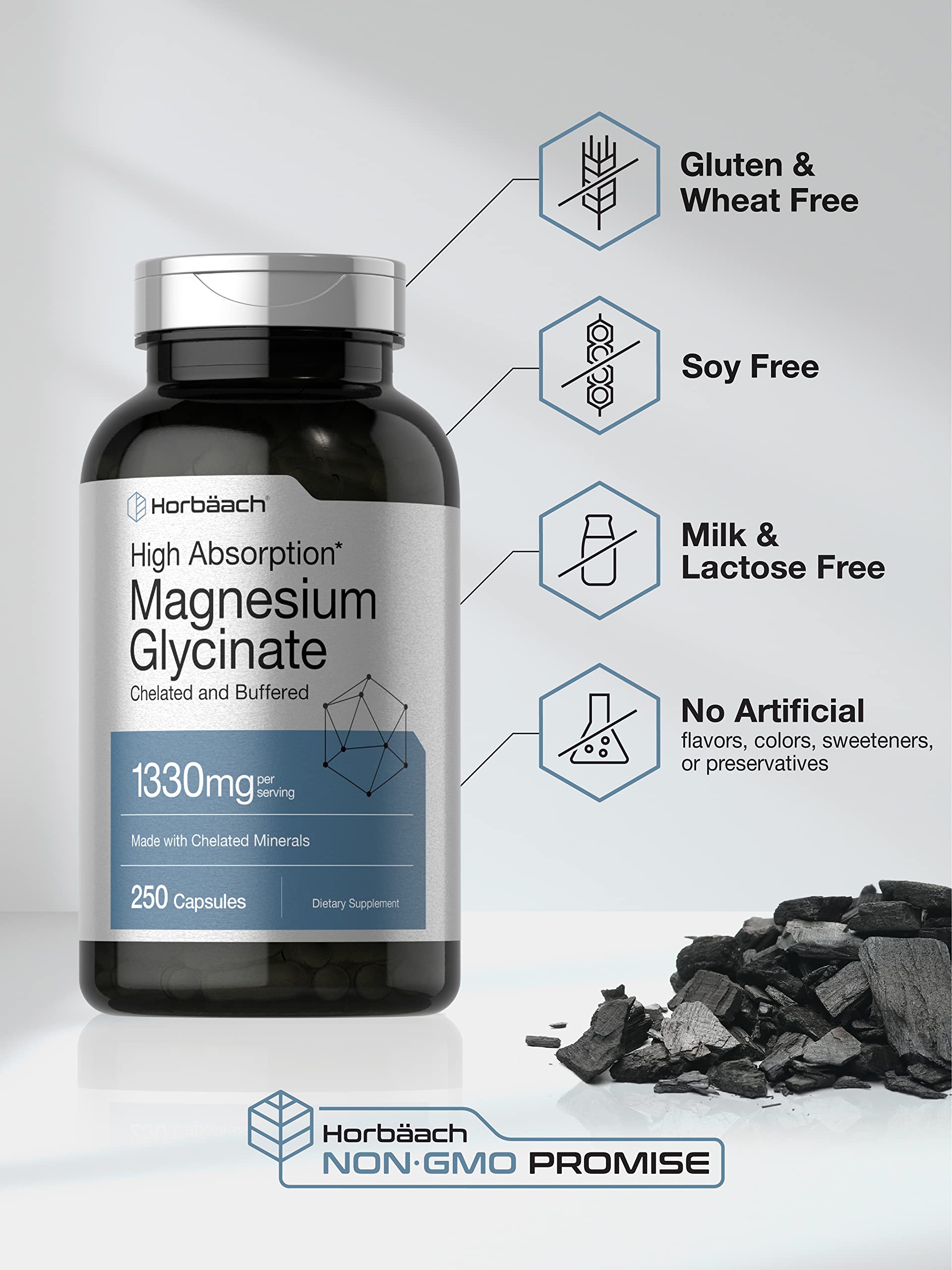 Horbäach Buffered Magnesium Glycinate | 1330mg | 250 Capsules | with Chelated Minerals | Non-GMO, Gluten Free