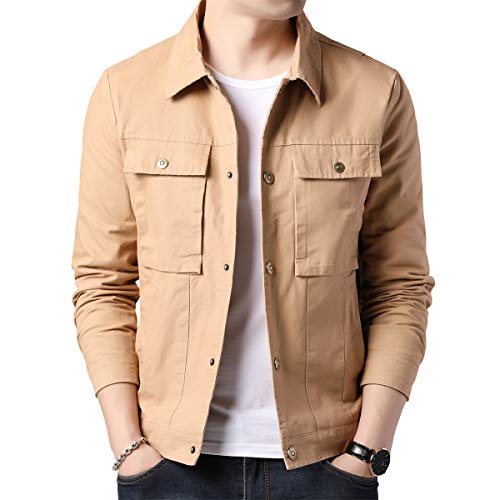 Womleys Mens Casual Windbreaker Cotton Lightweight Jackets Trucker Jacket (Large, Khaki)