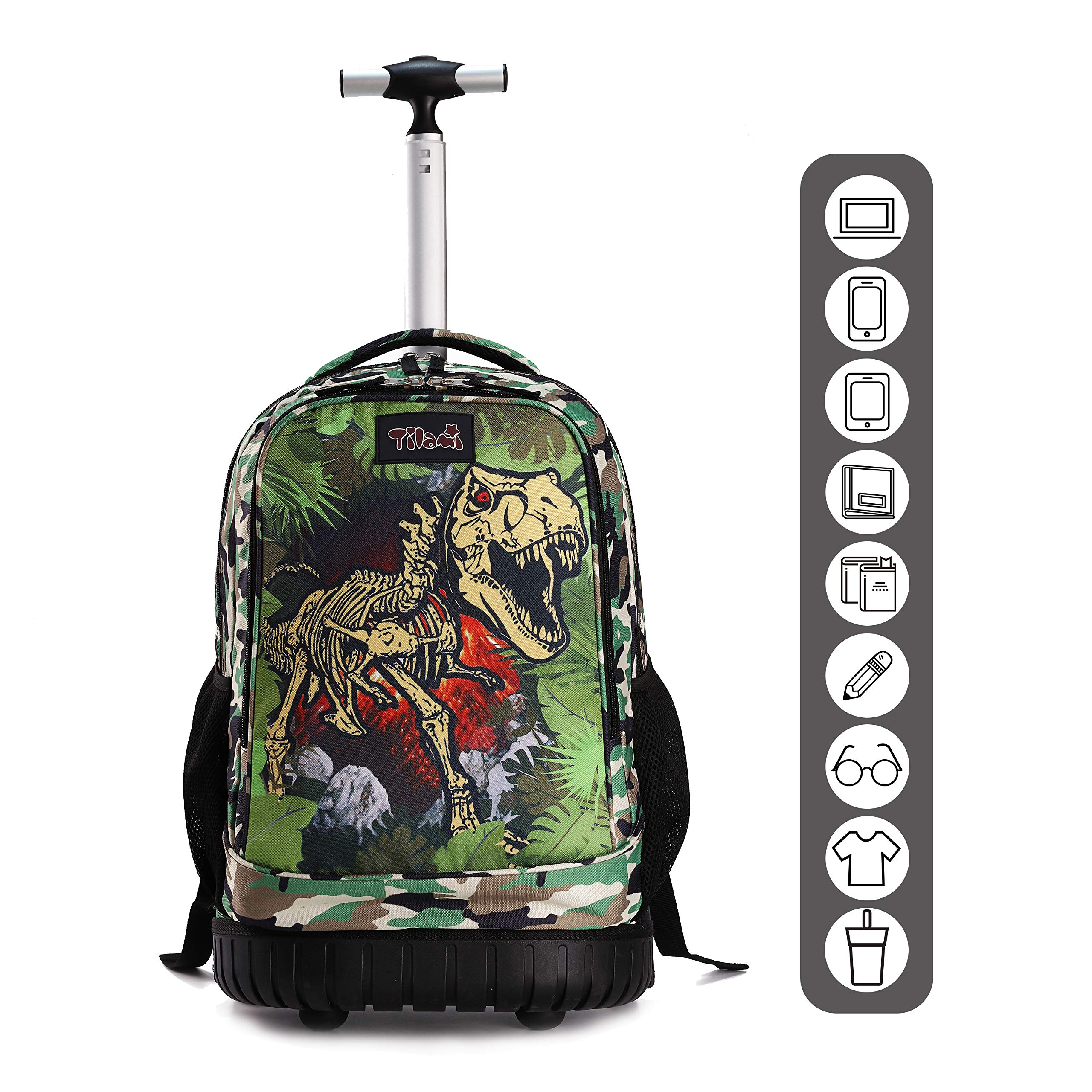 Tilami Rolling Backpack 19 inch with Lunch Bag Wheeled Laptop Backpack, Dinosaur Camouflage