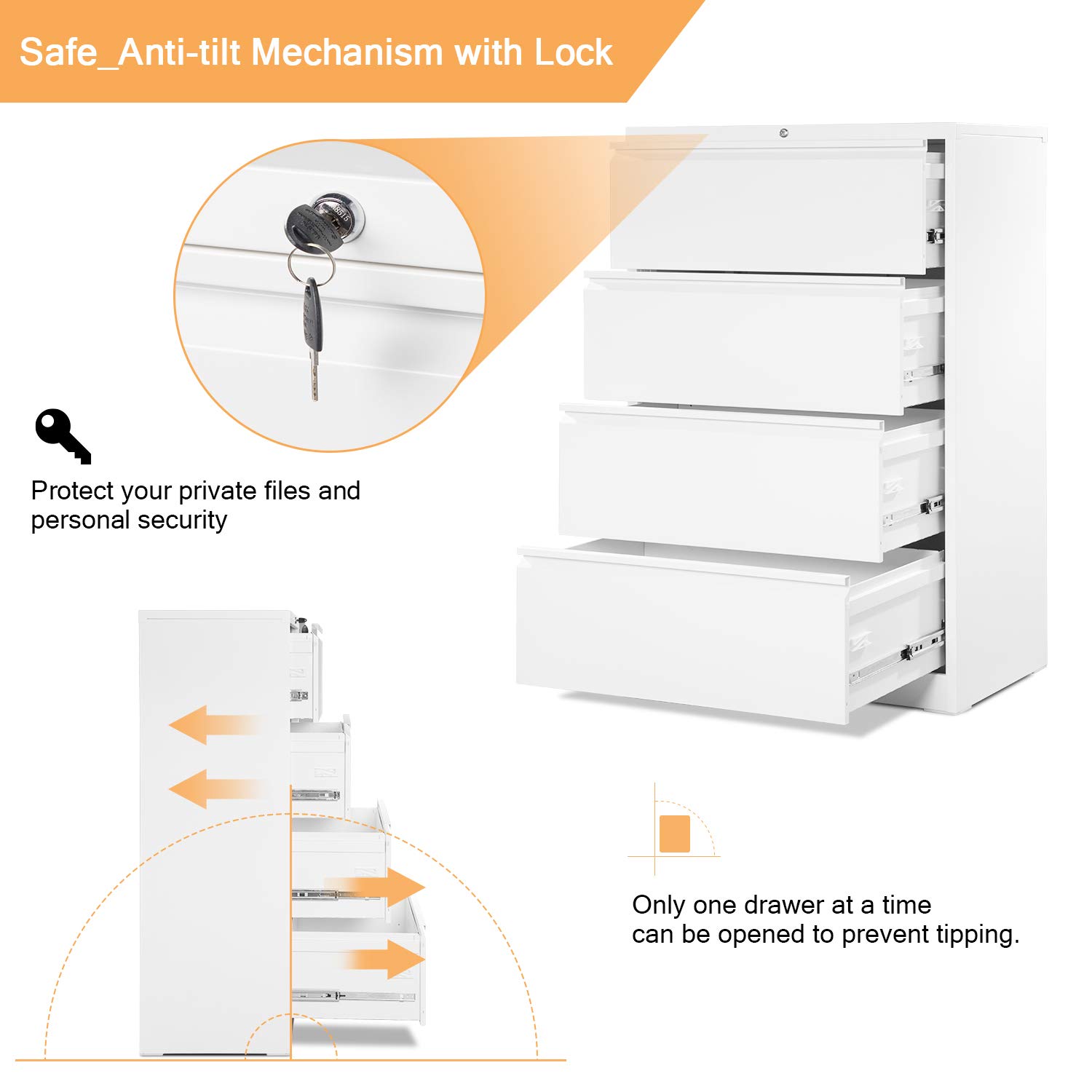 Aobabo 4 Drawer Lateral Steel File Organizing Cabinet with Locking System and Adjustable Hanging Bars for Letter/Legal Size Paper, White