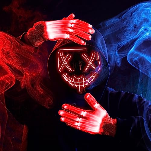 JOYIN Halloween Led Light Up Scary Mask and Gloves for Cosplay Costume (Red), 3 Modes Glow in The Dark Mask for Boys Girls