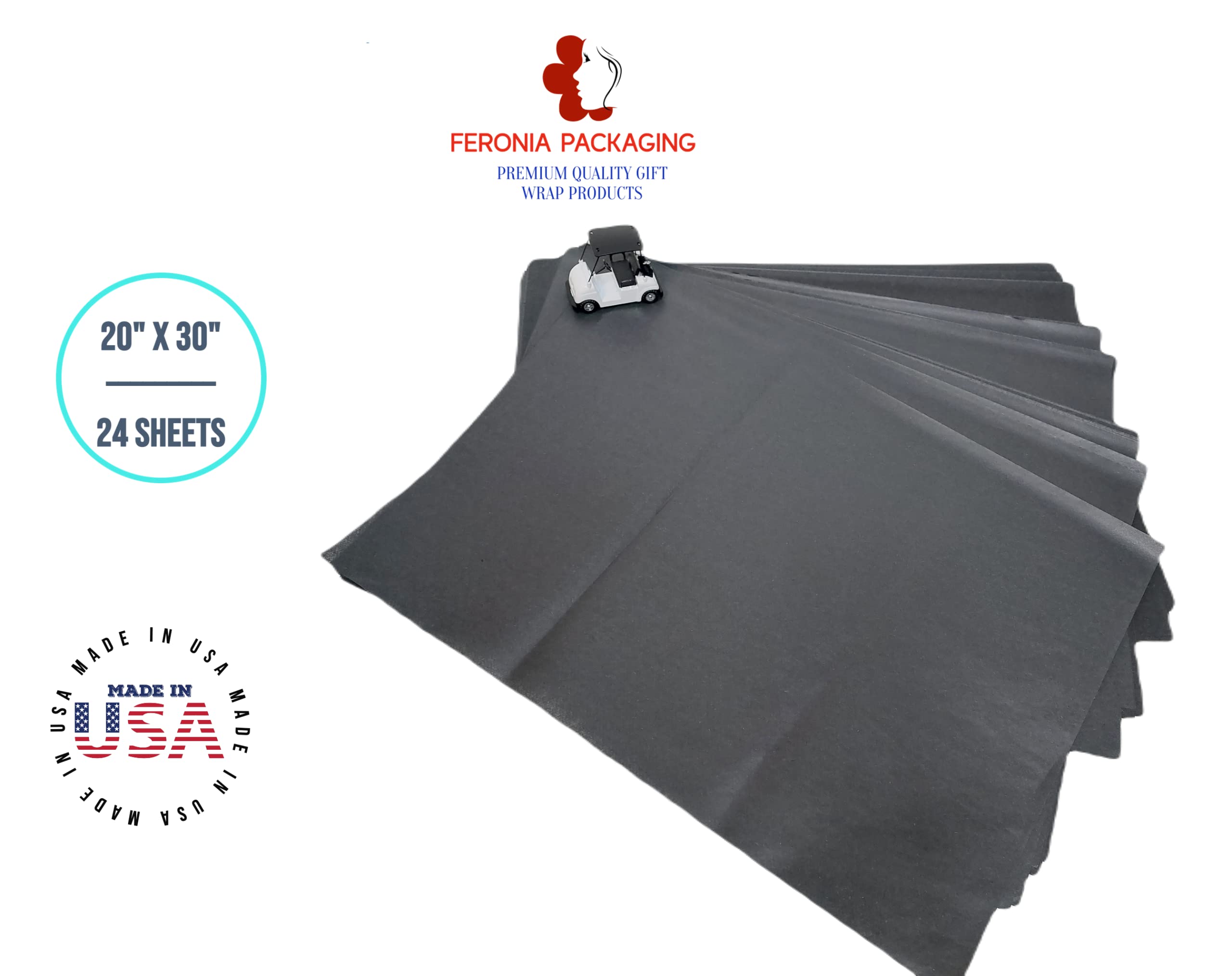 Black Tissue Paper Squares, Bulk 24 Sheets, Premium Gift Wrap and Art Supplies for Birthdays, Holidays, or Presents by Feronia packaging, Large 20 Inch x 30 Inch Made in USA
