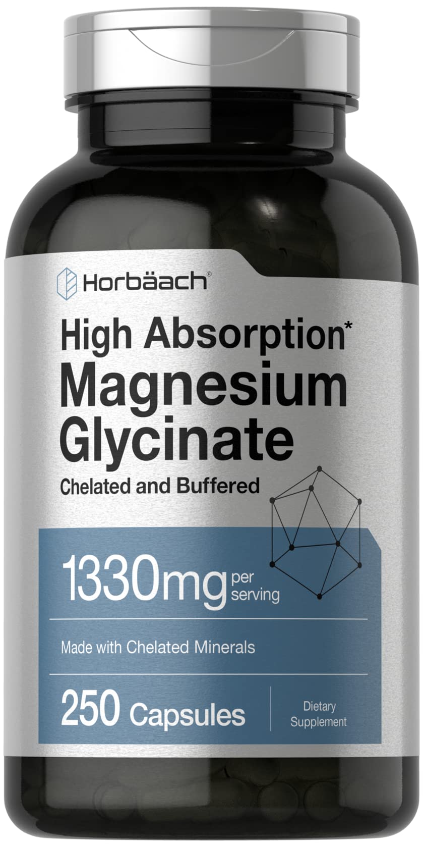 Horbäach Buffered Magnesium Glycinate | 1330mg | 250 Capsules | with Chelated Minerals | Non-GMO, Gluten Free
