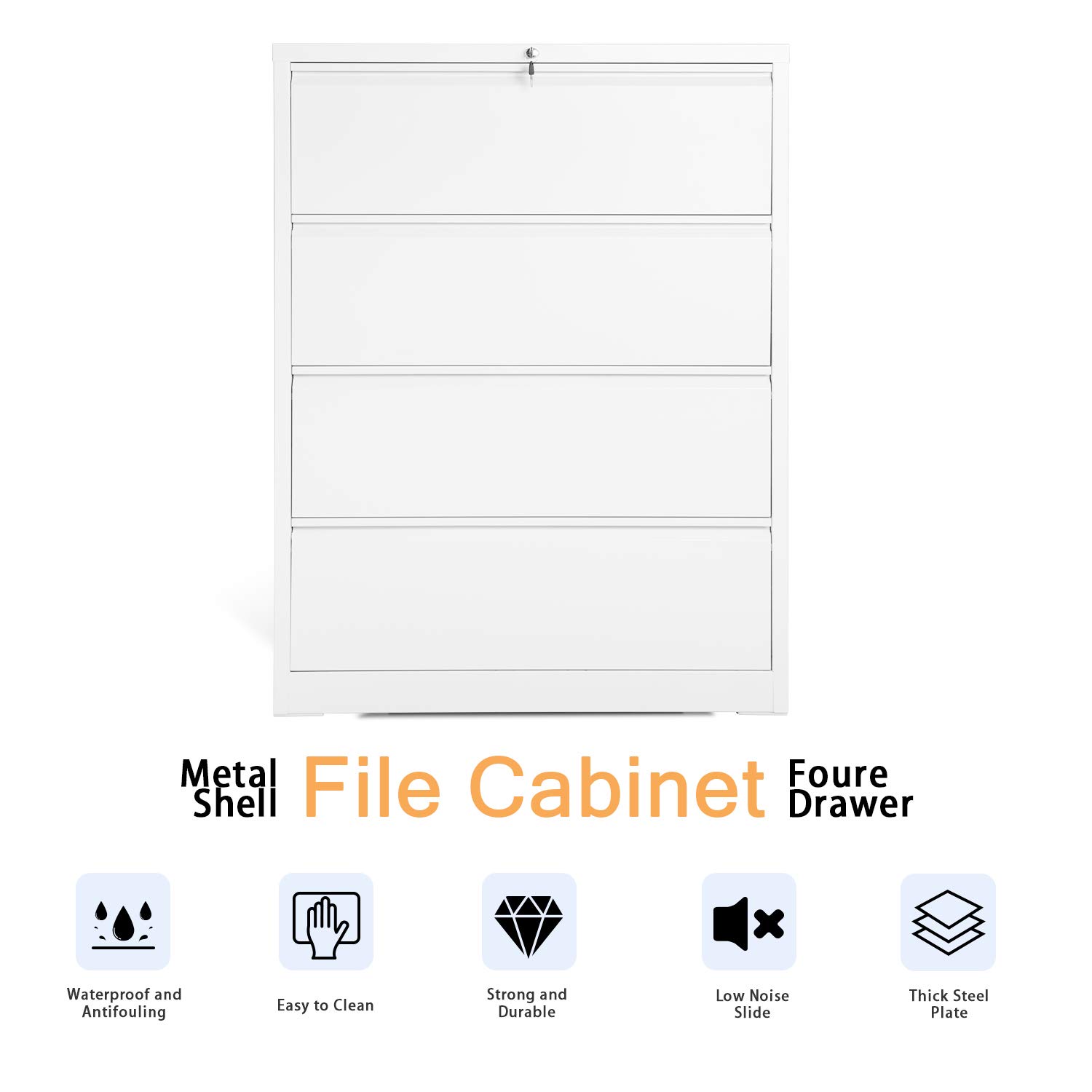 Aobabo 4 Drawer Lateral Steel File Organizing Cabinet with Locking System and Adjustable Hanging Bars for Letter/Legal Size Paper, White