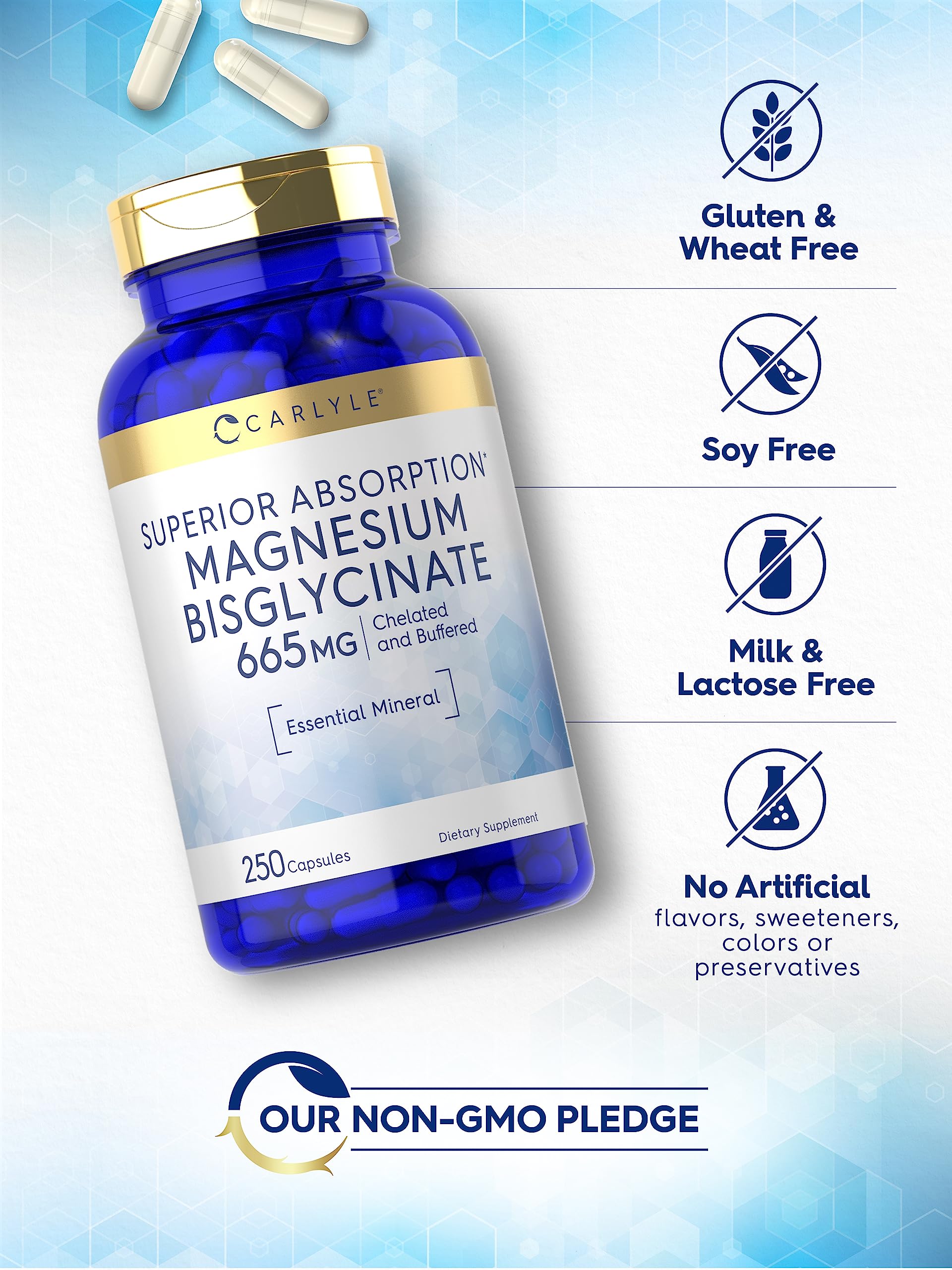 Carlyle Buffered Magnesium Bisglycinate 665 mg | 250 Capsules | Chelated Essential Mineral | Non-GMO and Gluten Free Supplement