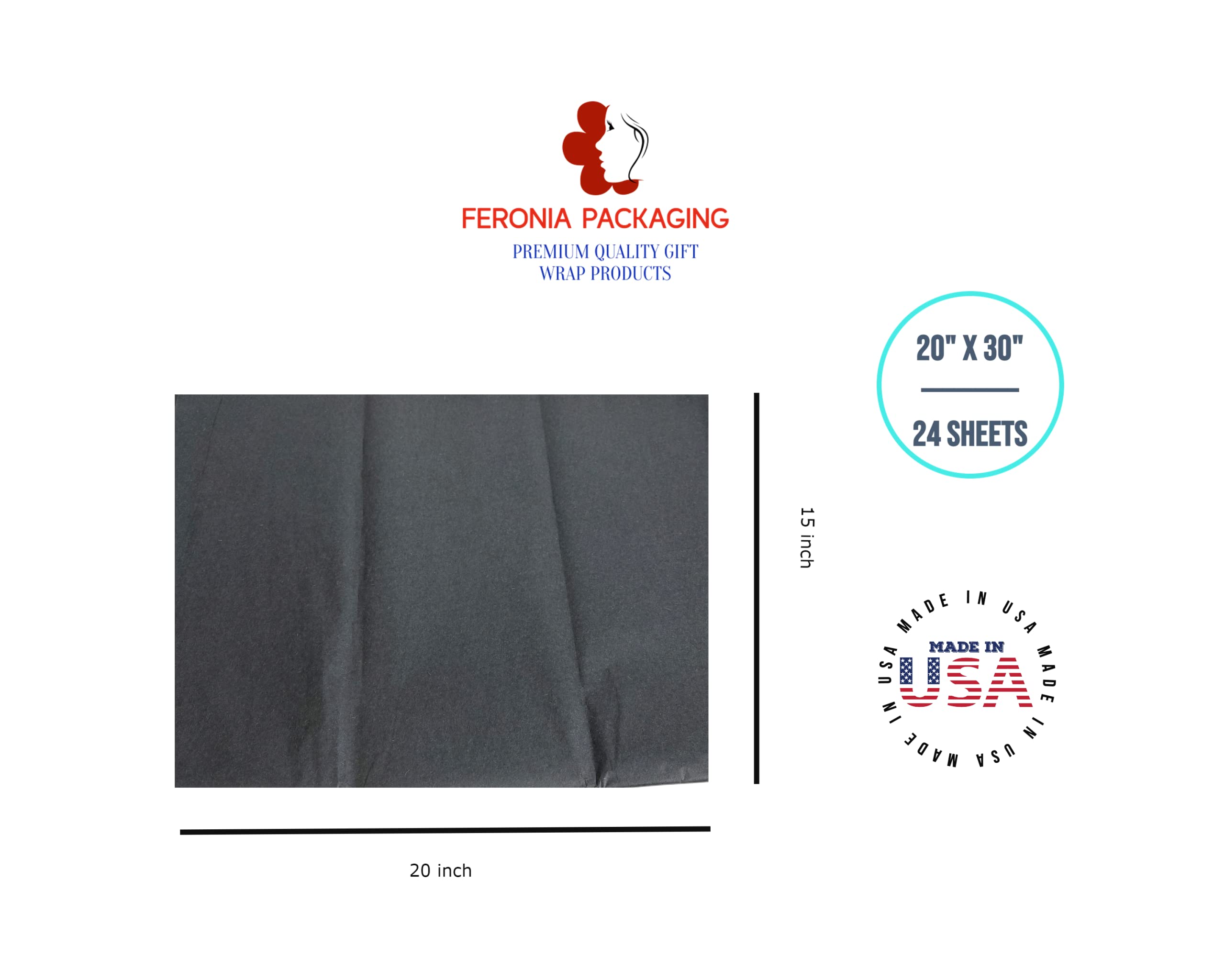 Black Tissue Paper Squares, Bulk 24 Sheets, Premium Gift Wrap and Art Supplies for Birthdays, Holidays, or Presents by Feronia packaging, Large 20 Inch x 30 Inch Made in USA
