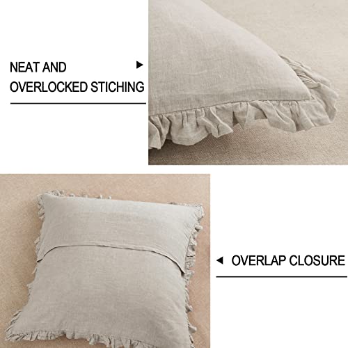 PHF 100% Linen Euro Sham With Ruffle, 26" X 26", Set of 2, No Insert, Washed Soft French Flax Throw Pillow Covers, Ultra Breathable Durable Comfy Shams for Bed Couch Sofa