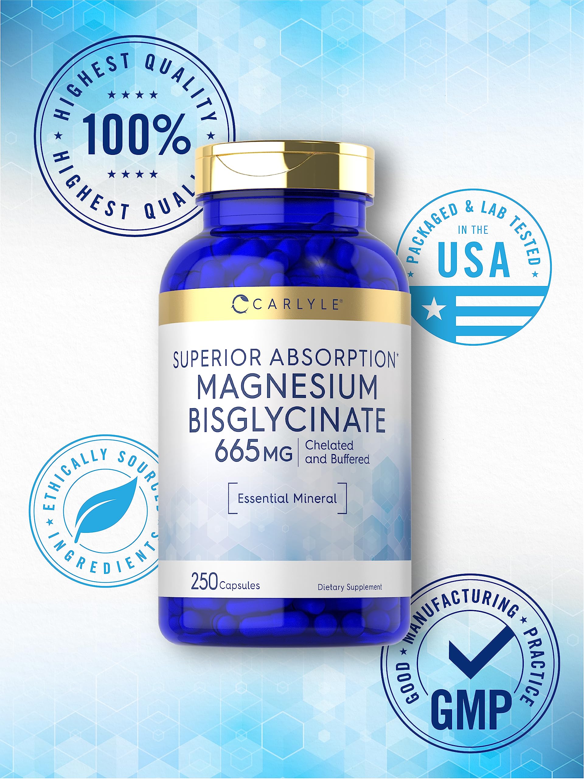 Carlyle Buffered Magnesium Bisglycinate 665 mg | 250 Capsules | Chelated Essential Mineral | Non-GMO and Gluten Free Supplement