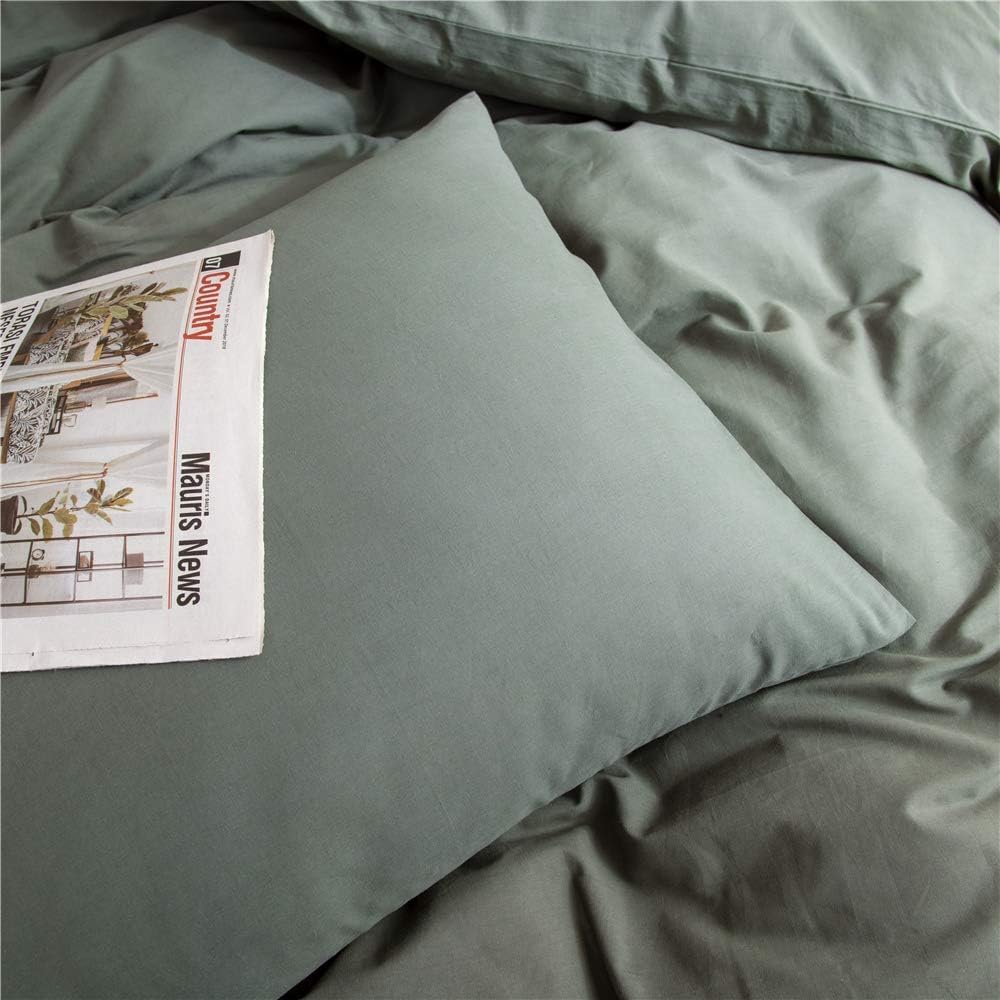 Mucalis Sage Green Duvet Cover Queen 100% Natural Washed Cotton Modern Solid Green Bedding Set with Pillowcases for Adult Girls Boys Zipper Closure Corner Ties Soft