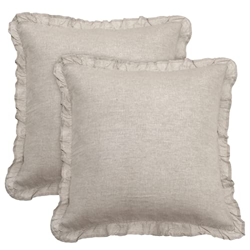 PHF 100% Linen Euro Sham With Ruffle, 26" X 26", Set of 2, No Insert, Washed Soft French Flax Throw Pillow Covers, Ultra Breathable Durable Comfy Shams for Bed Couch Sofa