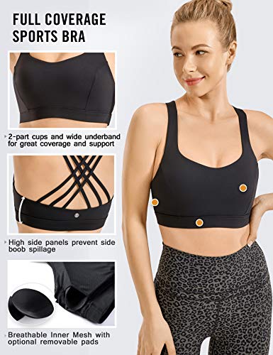 CRZ YOGA Women's Strappy Sports Bra Full Coverage Padded Full Size Criss Cross Workout Yoga Bra Tops Black-Full Size 38DD