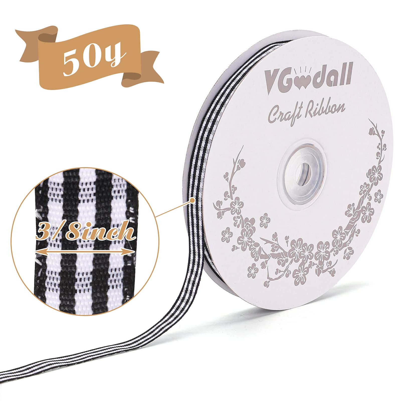 VGOODALL Black Gingham Ribbon, 3/8" x 50Yd Buffalo Checkered Ribbons Black and White Plaid Thin Crafts Ribbon for Decorations Gift Wrapping Picnic Hair Accessories