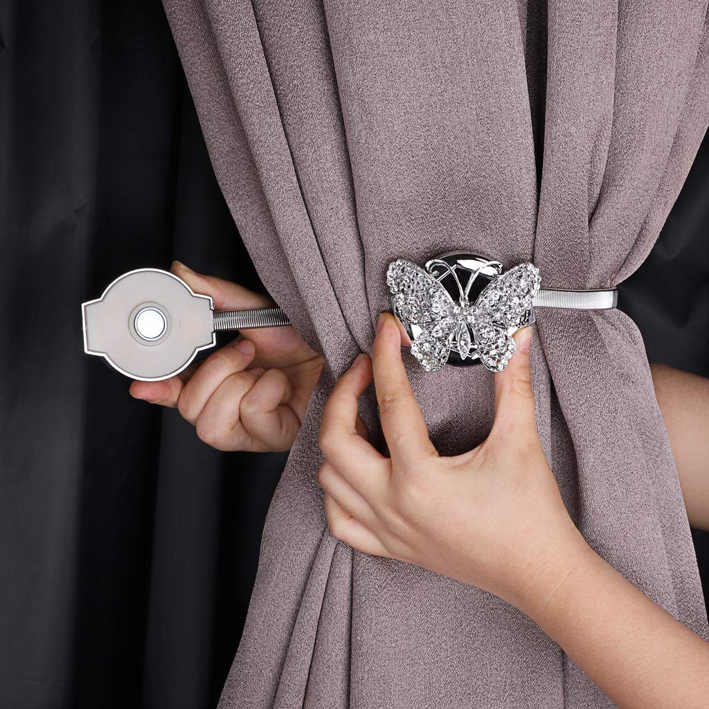 Sumnacon 2 Pcs Crystal Curtain Magnetic Tiebacks - Decorative Curtain Clips Buckle with Stretchy Wire Rope, Sparkling Drapery Holdsbacks for Home Office Decor