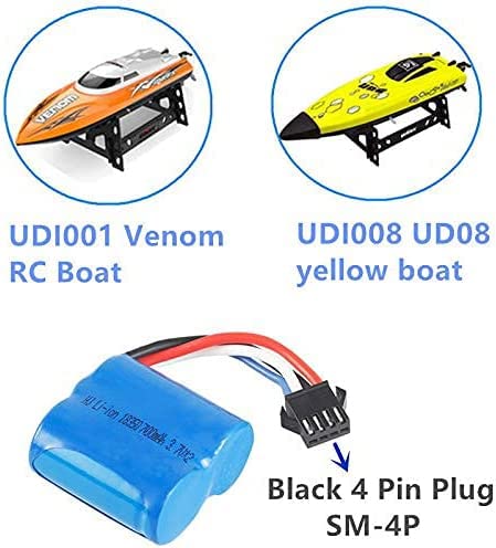 7.4V (2 x 3.7V) 700mAh Li-ion Battery with SM-4P Plug for Old Version UDI001 Venom Speed RC Boat UDI008 UD08 UDI001 Battery 2 Pack with USB Charger