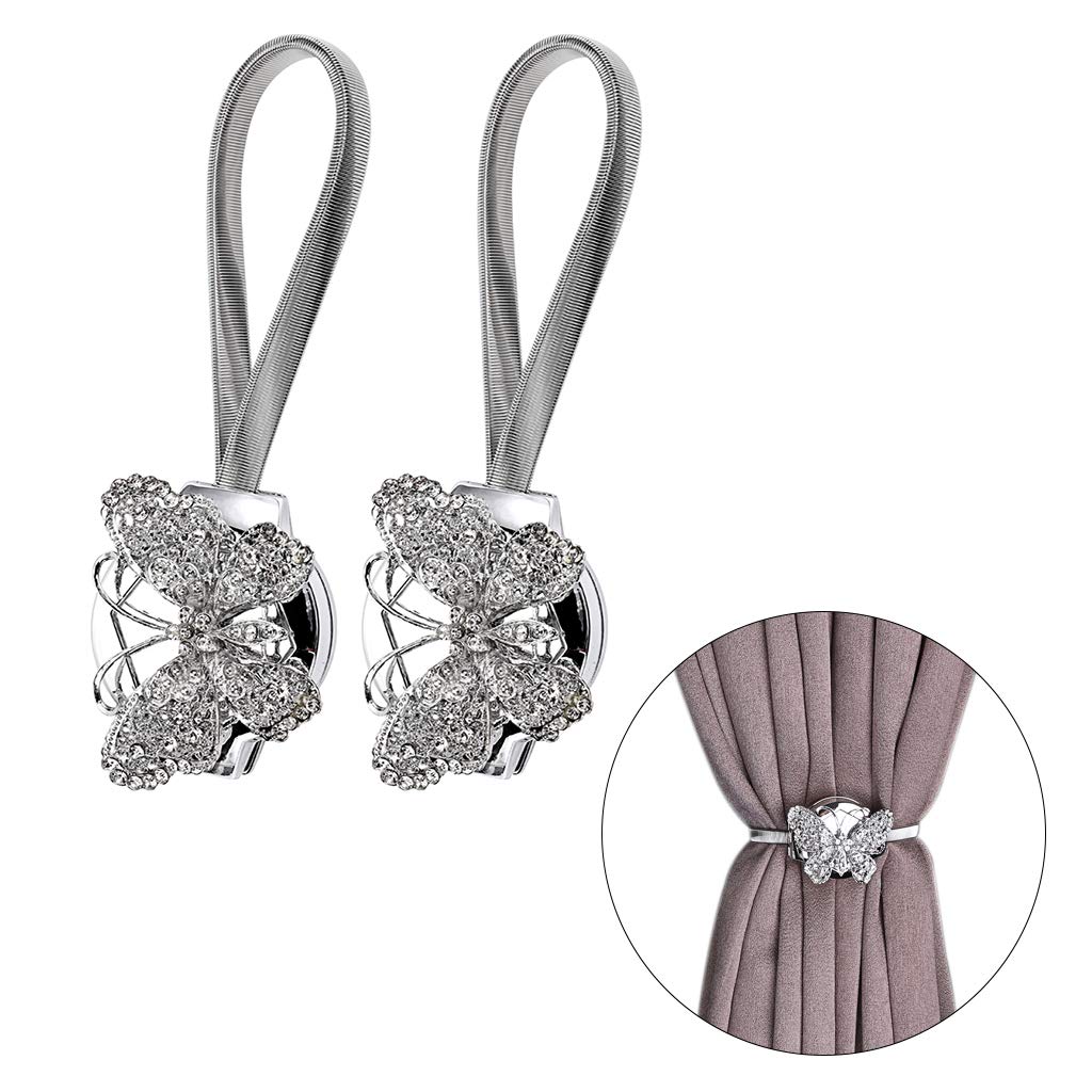 Sumnacon 2 Pcs Crystal Curtain Magnetic Tiebacks - Decorative Curtain Clips Buckle with Stretchy Wire Rope, Sparkling Drapery Holdsbacks for Home Office Decor