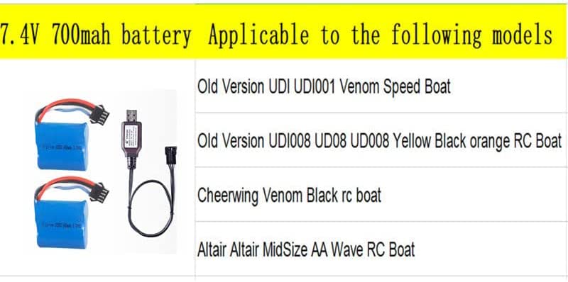 7.4V (2 x 3.7V) 700mAh Li-ion Battery with SM-4P Plug for Old Version UDI001 Venom Speed RC Boat UDI008 UD08 UDI001 Battery 2 Pack with USB Charger