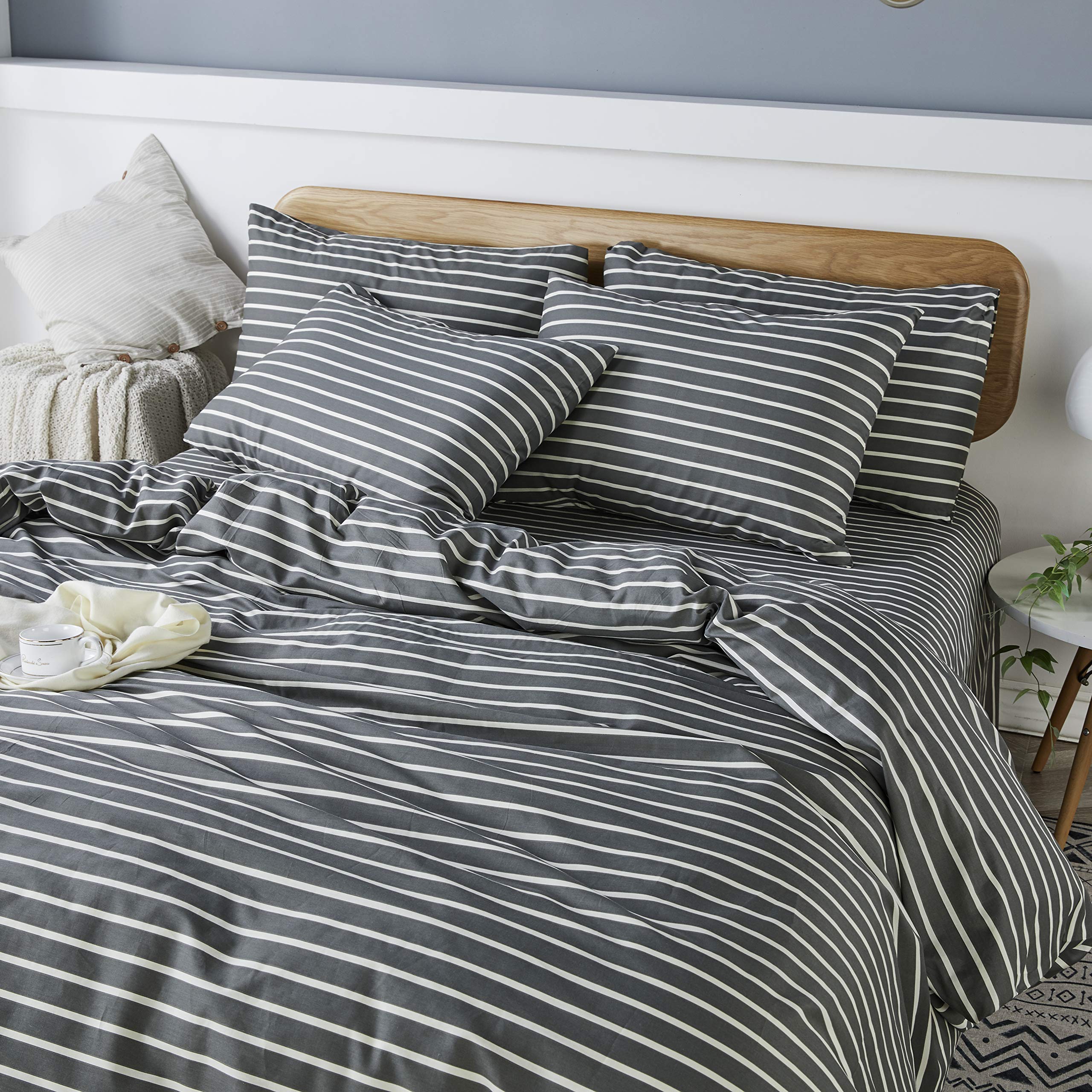JELLYMONI 100% Natural Cotton 3pcs Striped Duvet Cover Sets, Dark Grey Duvet Cover with White Stripes Pattern Printed Comforter Cover, with Zipper Closure & Corner Ties(King Size)