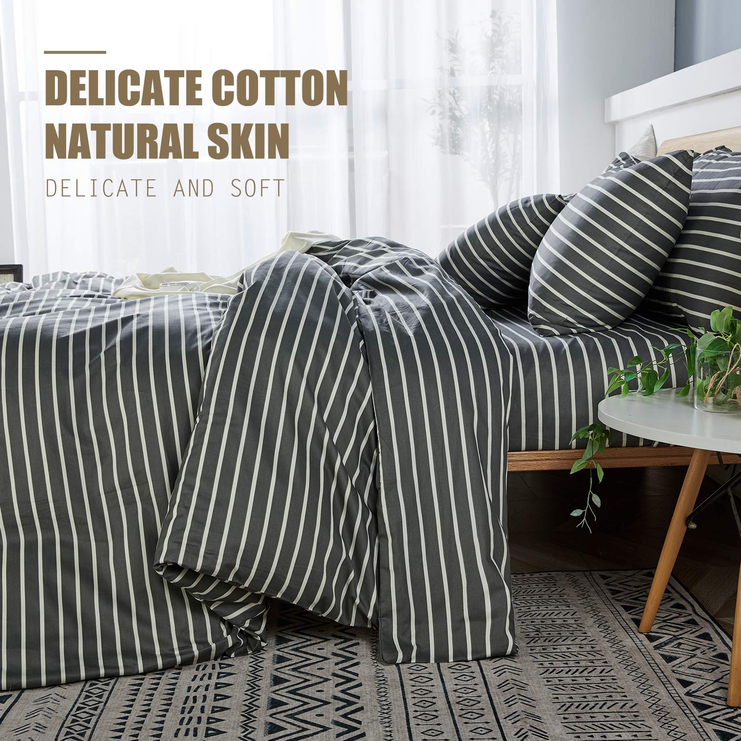 JELLYMONI 100% Natural Cotton 3pcs Striped Duvet Cover Sets, Dark Grey Duvet Cover with White Stripes Pattern Printed Comforter Cover, with Zipper Closure & Corner Ties(King Size)