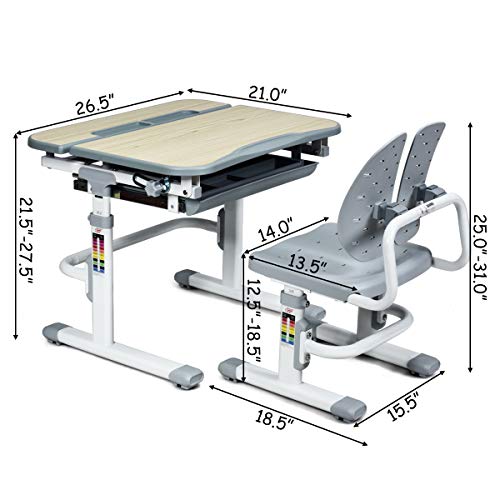BABY JOY Kids Desk and Chair Set, Height Adjustable, Children Study Table with Tilted Desktop, Pull Out Spacious Storage Drawer, Student Writing Desk for Studying, Reading and Drawing (Gray)