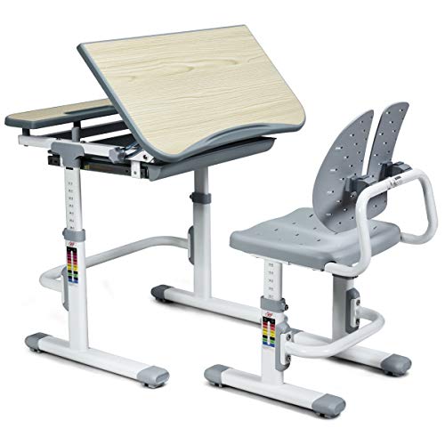 BABY JOY Kids Desk and Chair Set, Height Adjustable, Children Study Table with Tilted Desktop, Pull Out Spacious Storage Drawer, Student Writing Desk for Studying, Reading and Drawing (Gray)
