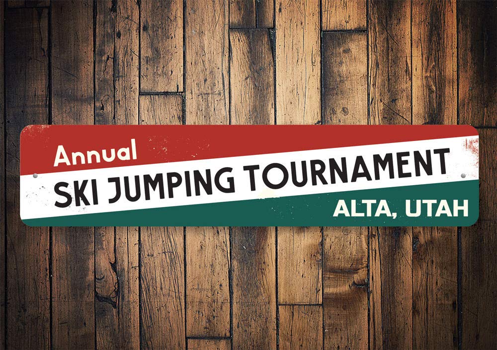 Annual Ski Jumping Tournament Sign, Ski Location City State Sign, Custom Ski Lodge Aluminum Decor - 4" x 18"