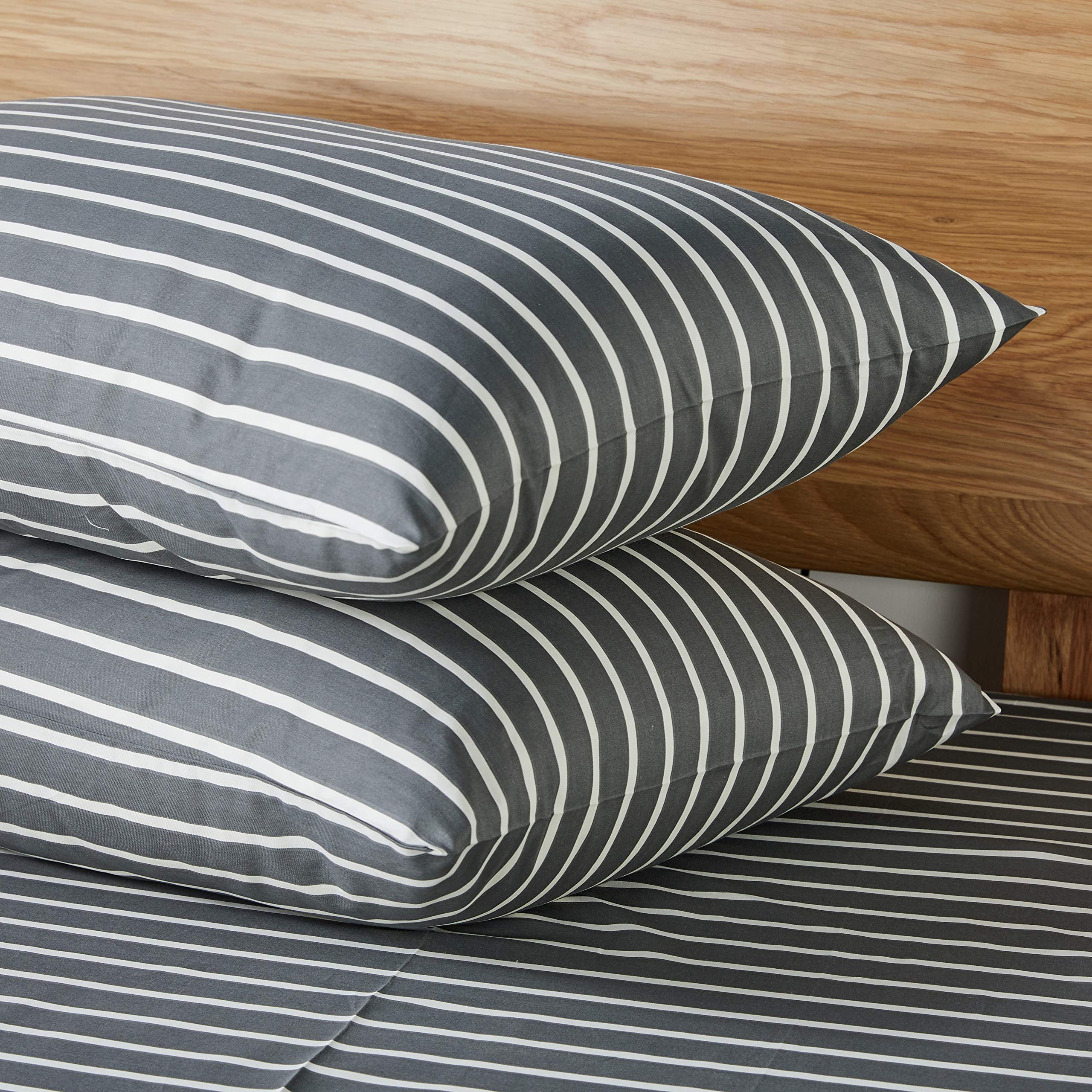 JELLYMONI 100% Natural Cotton 3pcs Striped Duvet Cover Sets, Dark Grey Duvet Cover with White Stripes Pattern Printed Comforter Cover, with Zipper Closure & Corner Ties(King Size)