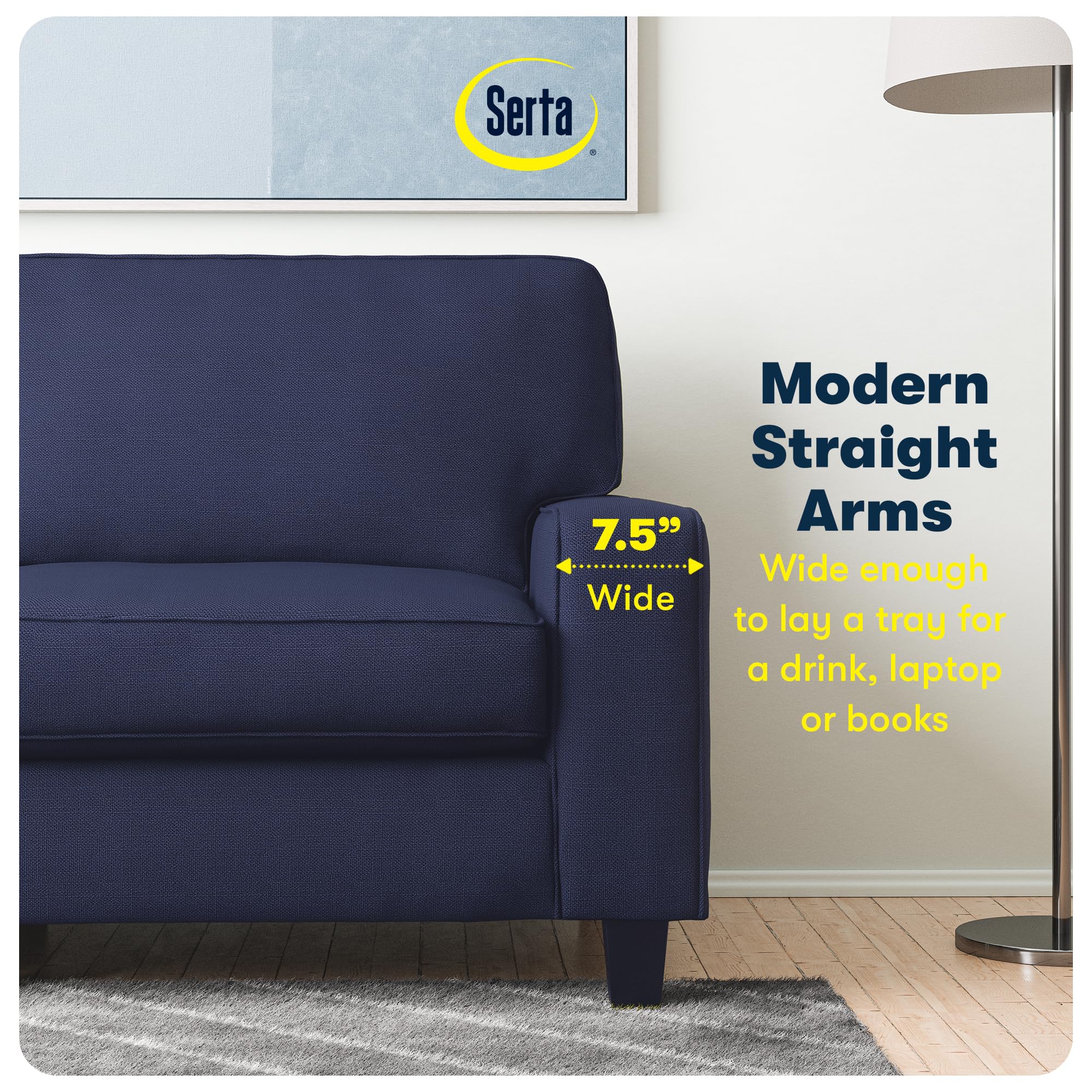 Serta Palisades 78" Track Arm Sofa, Easy Care Polyester, Soft Pillow Back, Pocket Coil Seat Cushions, Removable Covers, Loveseat or Couch for Small Spaces, Living Rooms or Bedrooms, Navy Blue