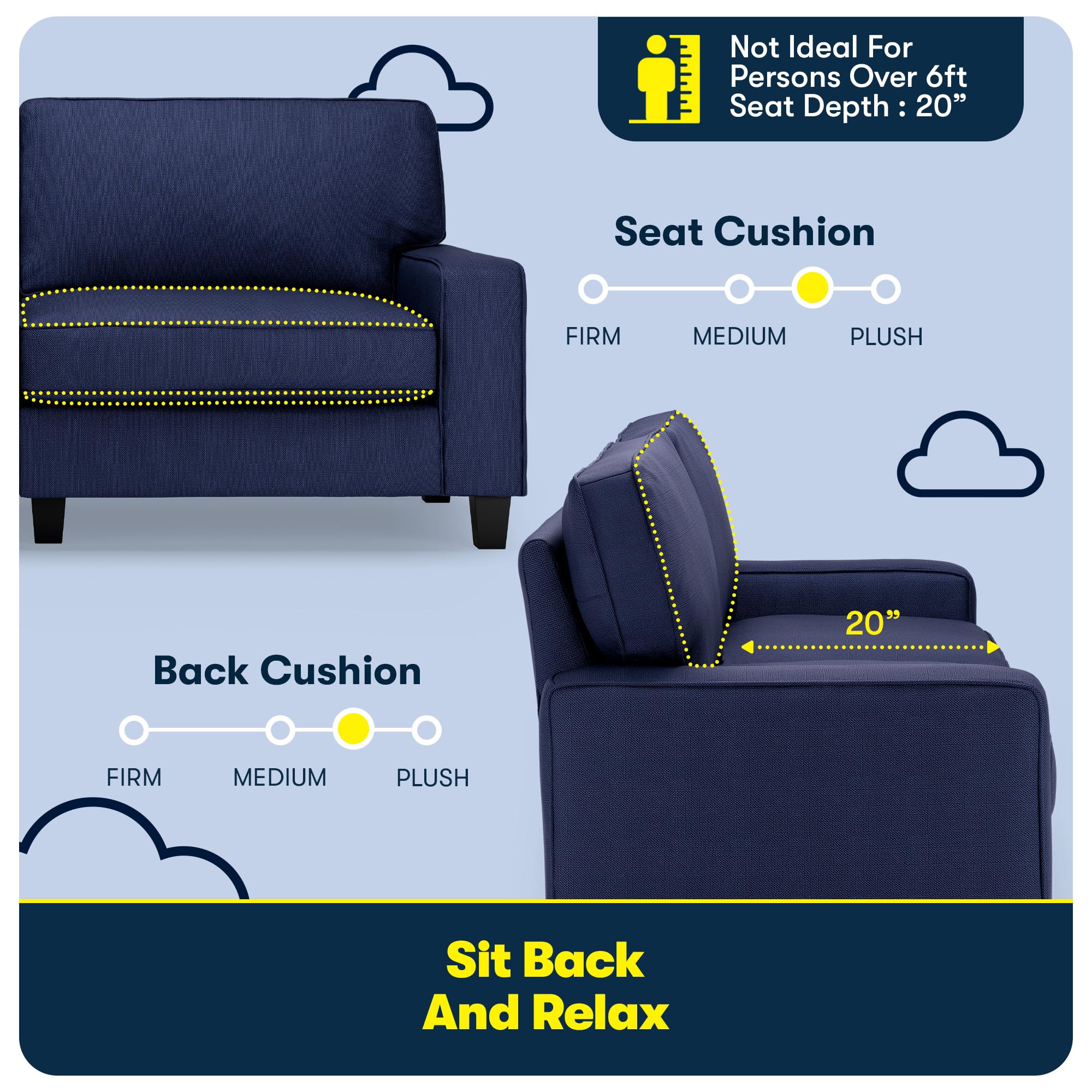 Serta Palisades 78" Track Arm Sofa, Easy Care Polyester, Soft Pillow Back, Pocket Coil Seat Cushions, Removable Covers, Loveseat or Couch for Small Spaces, Living Rooms or Bedrooms, Navy Blue