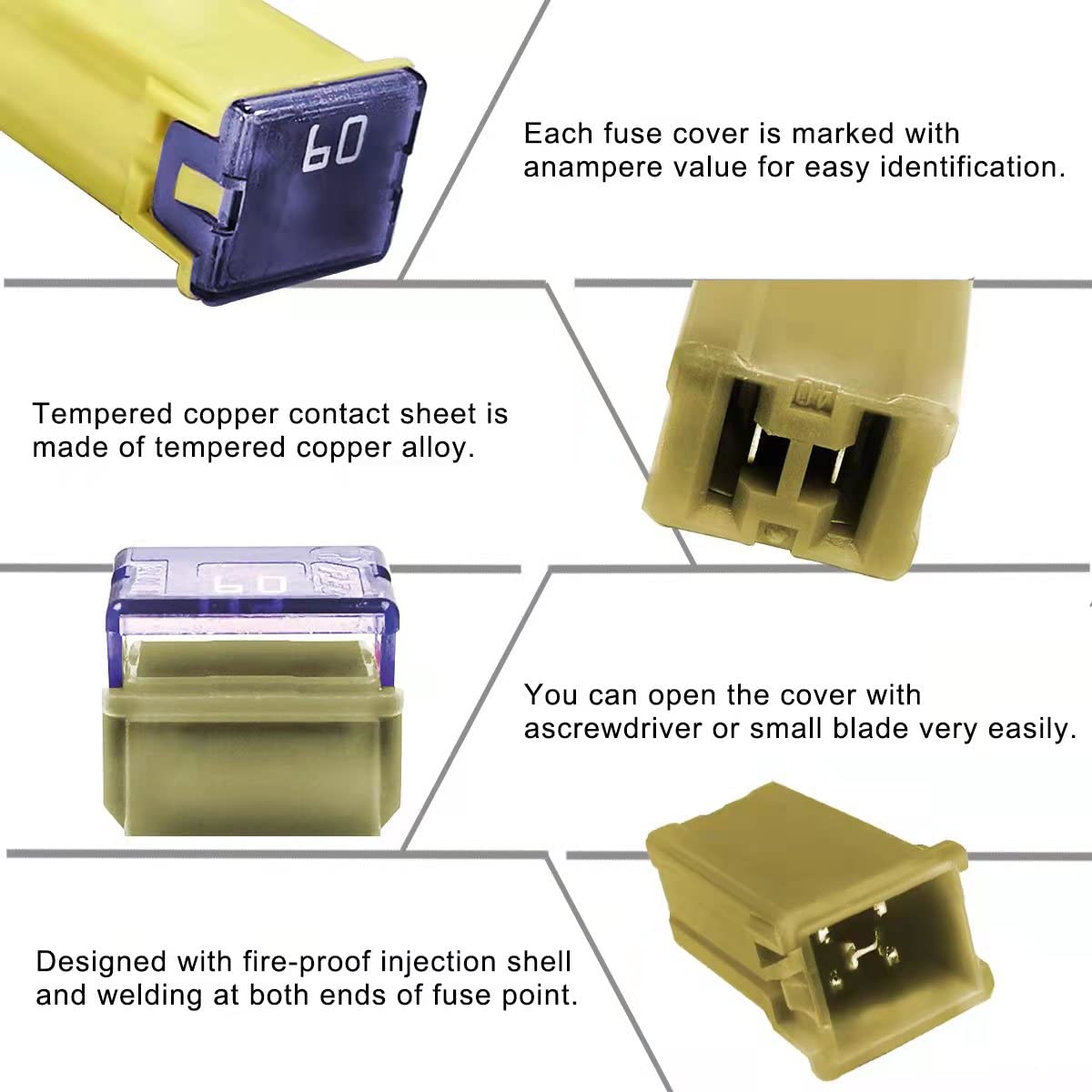 6 Pieces Tall Standard Fuses 60 amp JCase Box Shaped Fuse Compatible for Ford Chevy GM Nissan Toyota Pickup Trucks Cars SUV