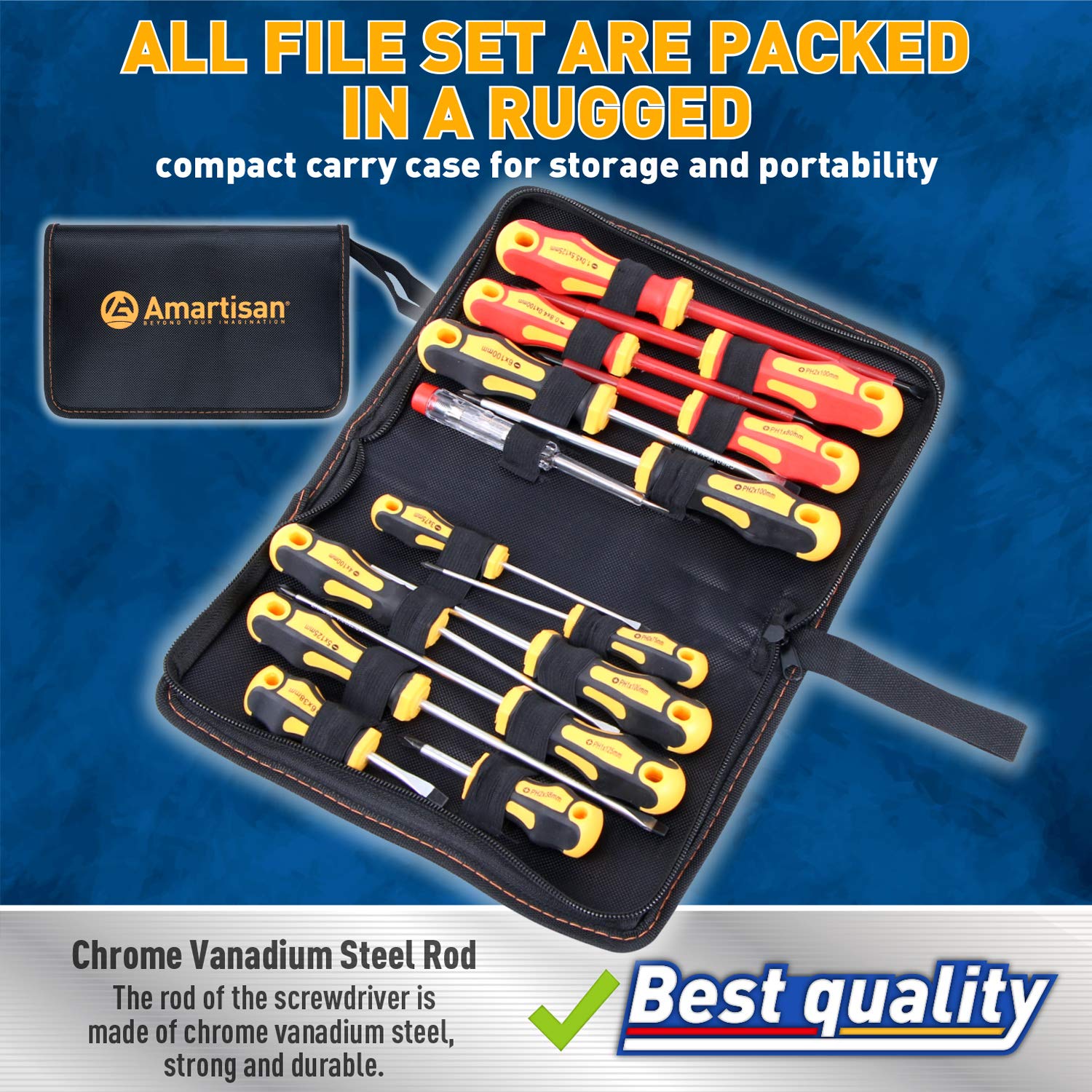 Amartisan 15-Piece Magnetic Screwdrivers Set, 5 Phillips Slotted Tips and Insulated Screwdriver Set (1000V),Professional Cushion Grip