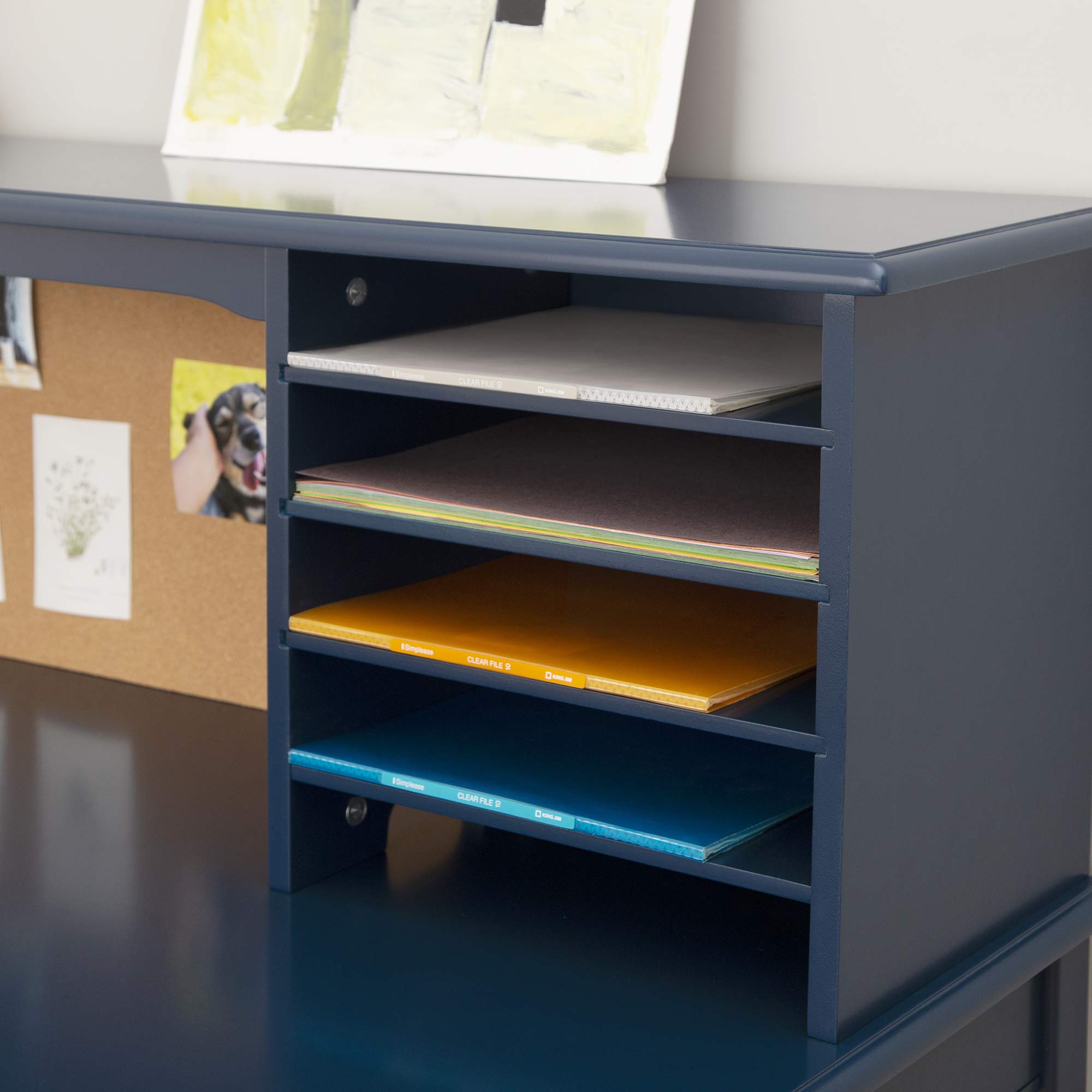 Guidecraft Kids Media Desk and Chair Set - Navy: Student's Workstation with Storage, Wooden Writing Table with Hutch and Shelves for Kids Bedroom, Boys Study Desk Set