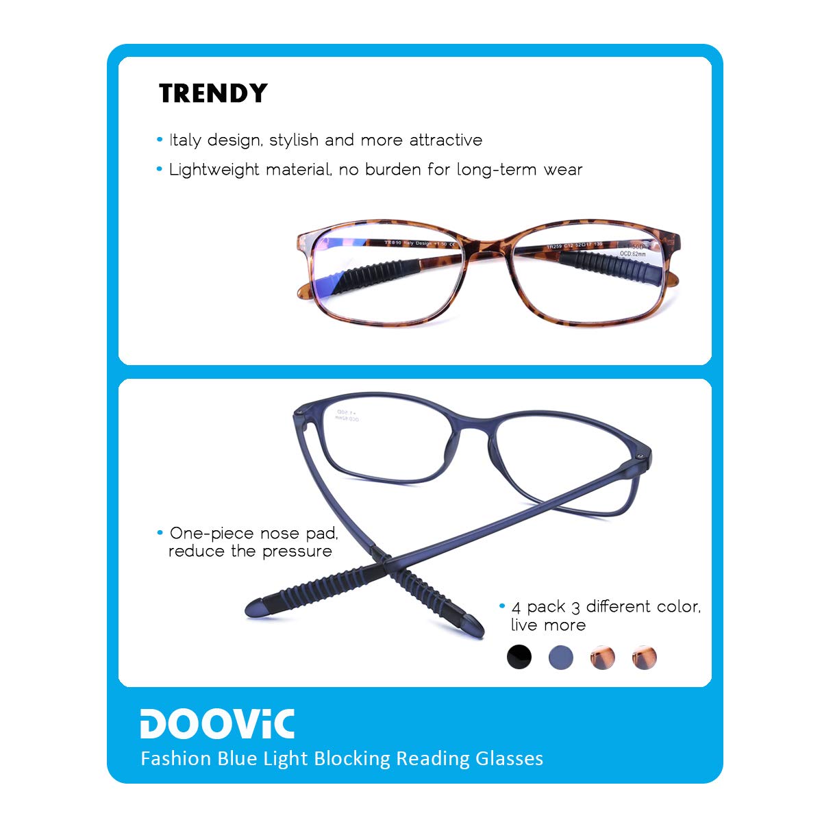 DOOViC Reading Glasses 4 Pack Blue Light Blocking Anti Eyestrain Flexible Lightweight Computer Readers for Men Women 1.75 Strength